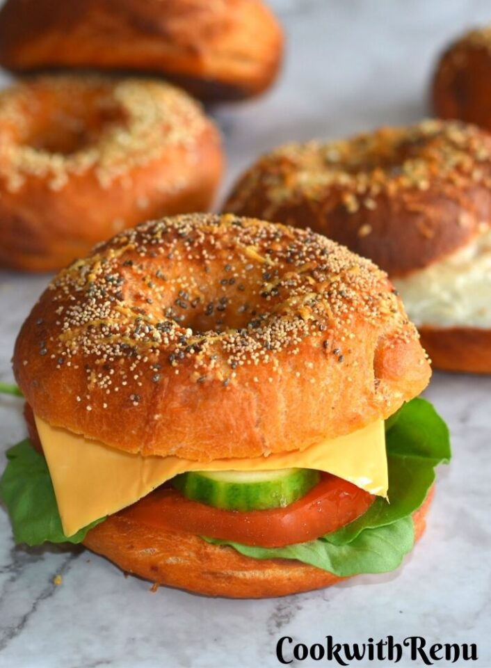 Savory Sun-Dried Tomato and Cheese Bagels #BreadBakers - Cook With Renu